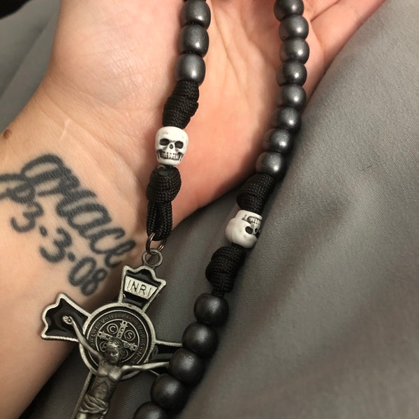Skull Catholic Rosary Memento Mori. Acrylic Black Gloss 10mm Beads ...