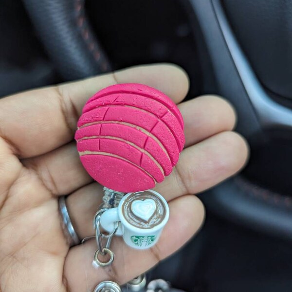 Pink Concha Badge Reel With Coffee Cup Charm | Handmade Polymer Clay ...