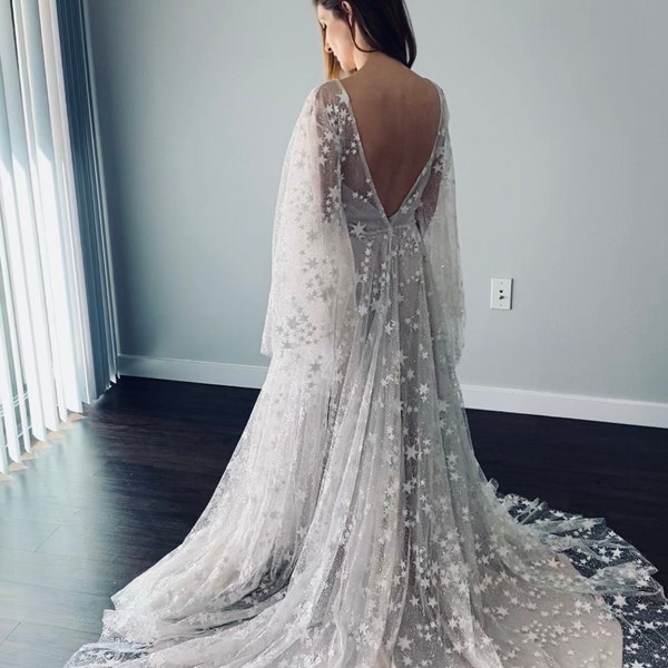 Aurora Silk Wedding Dress, Long Sleeve Boho Gown, Hand-embroidered ...
