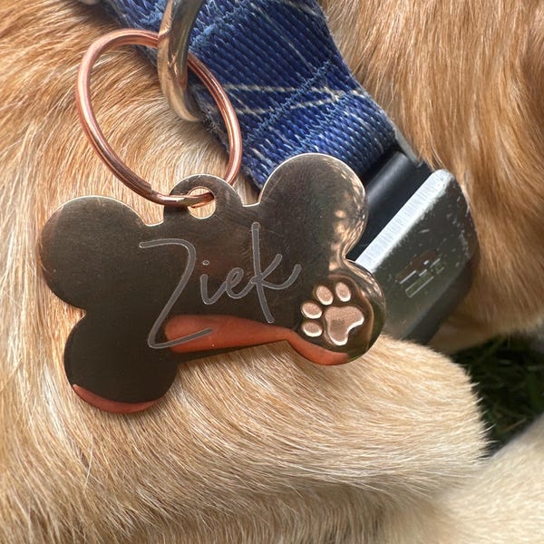 Rose Gold Personalized Dog Bone ID Tag With Dog Paw Imprint: Name Tag ...