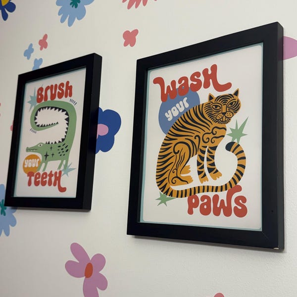 Tiger Wash Your Paws Bathroom Print Set, Fun Toilet Wall Art, Funny ...