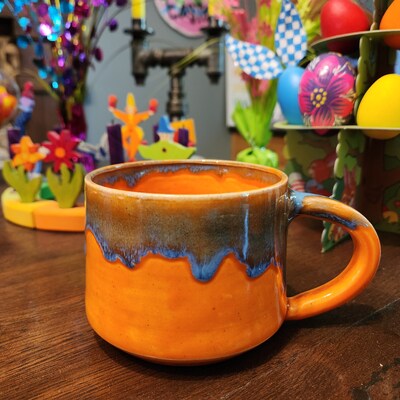Tall Orange and Blue Ceramic Mug - Etsy