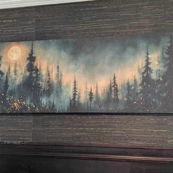 Moonlit Misty Pine Forest Painting: Rustic Panoramic Wall Art - Etsy