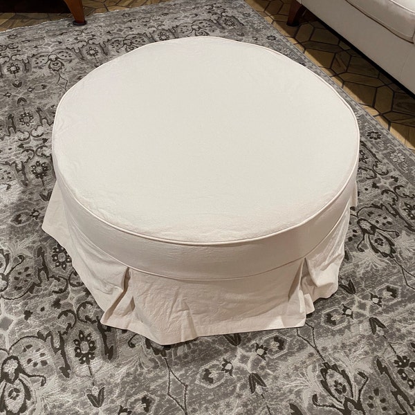 Round Ottoman Slipcover With Welt Cord and Pleats, Custom Round Ottoman ...