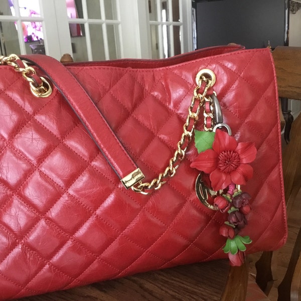 Keychain Genuine Leather Flower Red Keyring Charm Purse Handbag ...