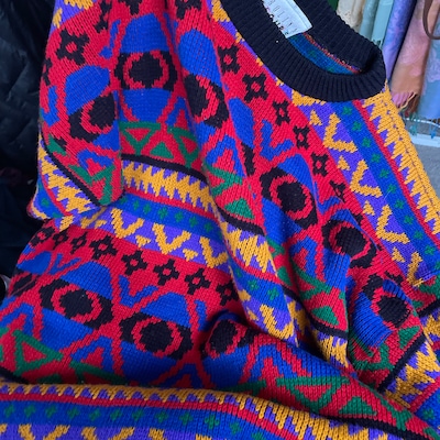 Vintage 90s Multicolor Fair Isle Print Pattern Ribbed Knit Pullover ...