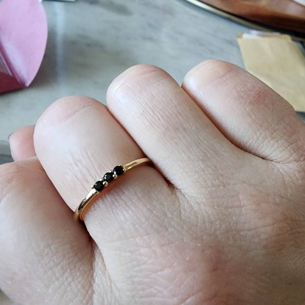 Dainty Black Onyx Ring - Stackable Band - 14K Gold Vermeil Over Sterling Silver - Delicate ...