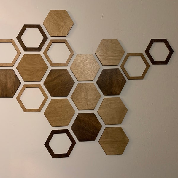Geometric Wall Panel, 12 Hexagons Set, Tile Size - 4.3" X 5", Dark Wood ...