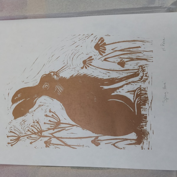 Gold Linocut Print of a Hare, Signed Original Lino Print, Gift for ...