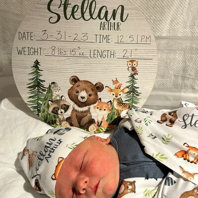 Woodland Birth Stat Sign, Round Wood Birth Stat Sign, Woodland Animal ...