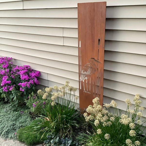 Heron, Rusty Privacy Screen, Garden Panel, 12" X 48'', Garden Décor ...