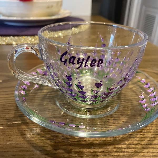 Tea Cup and Saucer Lavender Tea Set, Floral Glass Teacup, Personalized ...