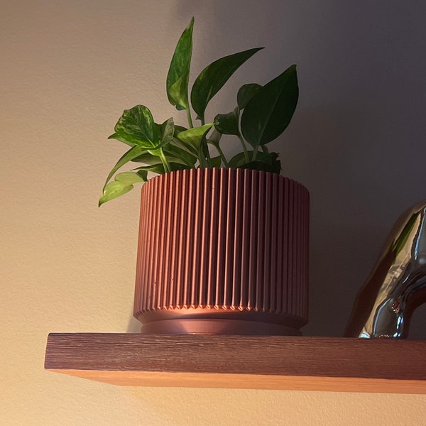 Mid-century Ribbed Planter With Drainage and Saucer in Shiny Copper ...