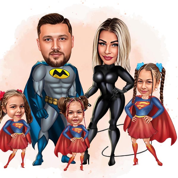 Custom Superhero Family Cartoon Portrait, Family Portrait, Family Gift ...