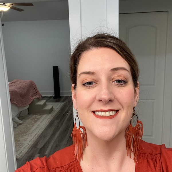 Rust Color Leather Fringe Earrings, Handmade Wire Hoops, Leather ...