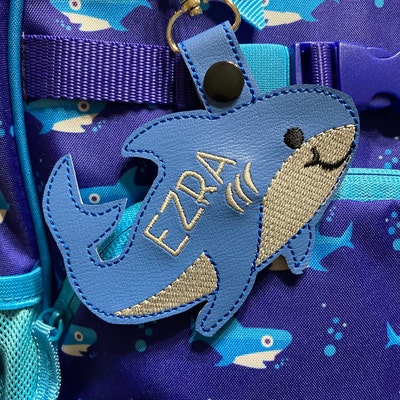 Shark Personalized Name Tag, School Backpack Tag, Blue Shark Snap Tab ...