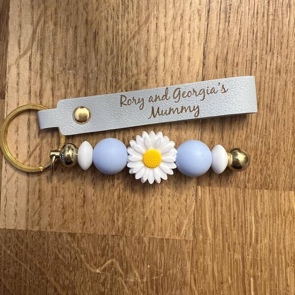 Personalised Keyring, Daisy Beaded Keyring, Faux Leather Keyring ...