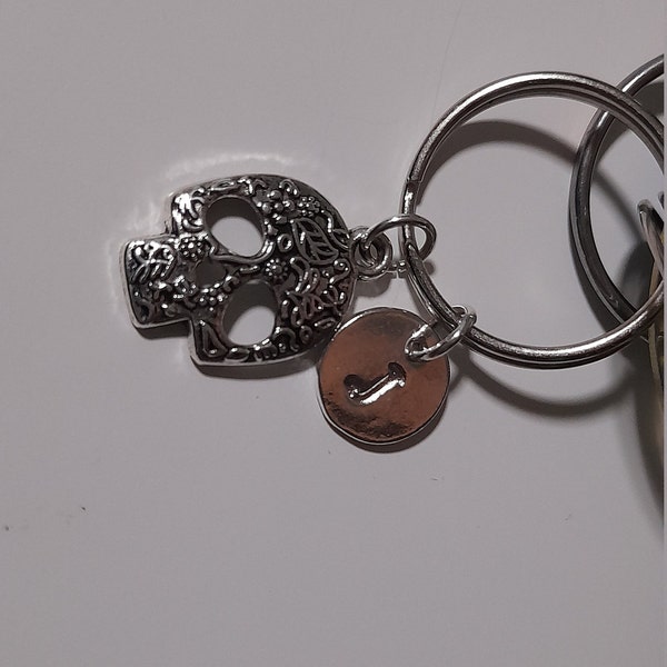 Sugar Skull Initial Key Ring With Initial Charm, Personalized Initial ...
