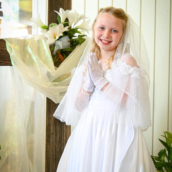 First Communion Veil With Pearls Trim Handmade Communion Veil Holy ...