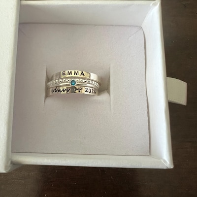 Silver Class Ring Set, TWO School Color Rings, Sterling Silver Modern ...