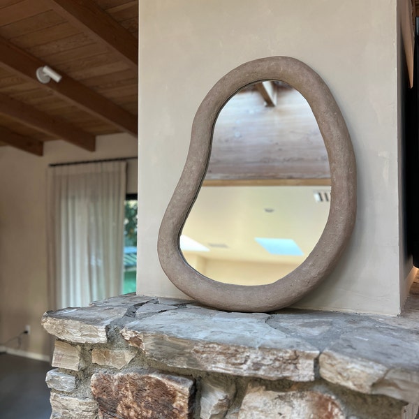 Modern Round Mirror, Irregular Cement Bathroom Mirror, Circular Wall ...