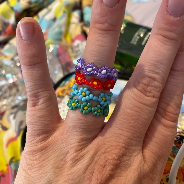 Dainty Flower Beaded Ring, Daisy Chain Ring, Flower Ring, Colorful ...