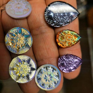 TWO 2 Pressed Glass Snowflake Compass Rose Cabochon Cab Golden Shadow ...