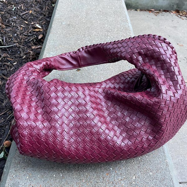 Large Burgundy Shoulder Bag for Women Cherry Red Vegan Leather Woven ...