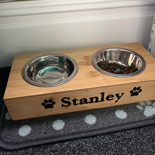 Personalised Dog Paws Wooden Double Feeding Bowl Paw Prints Doggy Puppy ...