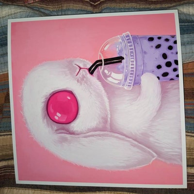 Pug Drinking Bubble Tea Art 5x7 Cute Pug Dog, Kawaii Boba Tea Art ...