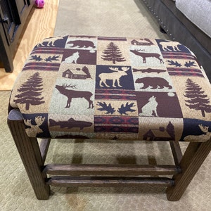 24 Rustic Hickory Upholstered Bar Stool With Bear and Cub Back - Etsy