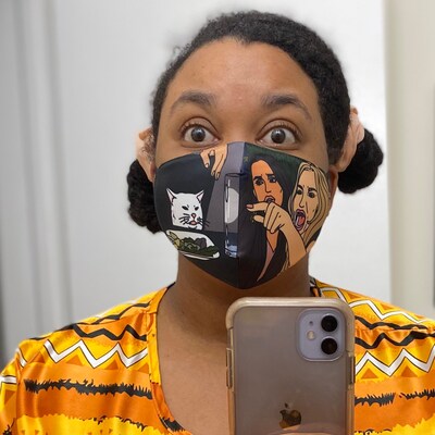 Meme Angry Woman Vs Cat Face Mask Crying Cat Meme, Meme Fabric Mask ...