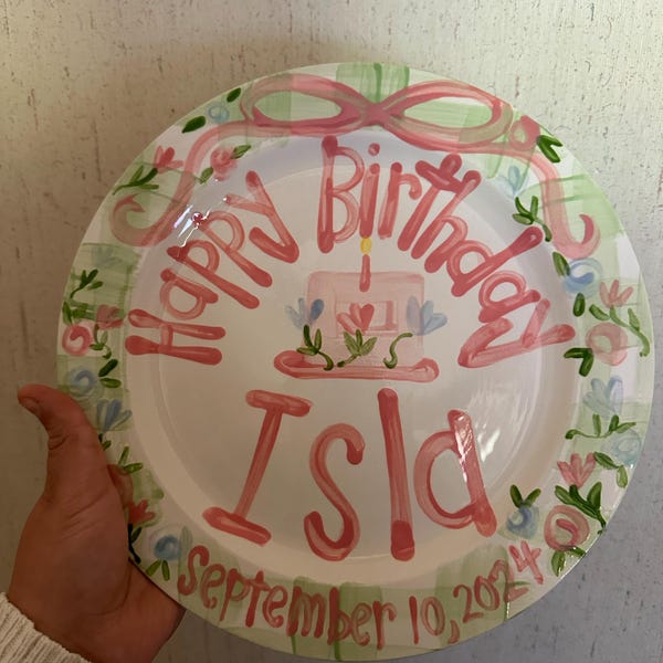 Personalized Birthday Plate: Hand-painted Wildflowers and Green Gingham ...