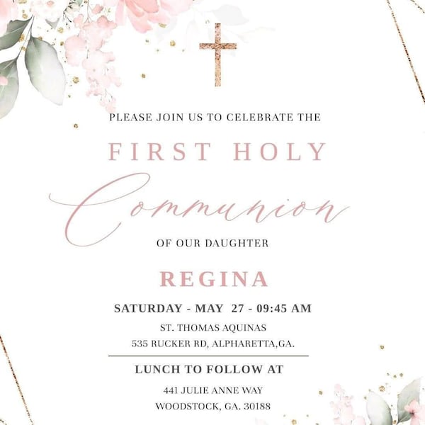 Pink First Holy Communion Invitation Template, Pink Watercolor ...