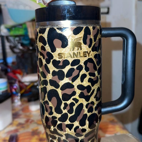 Custom Leopard - Authentic Stanley Tumbler - Epoxy Gold Glitter Leopard ...