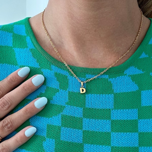 Puffy Initial Mini Bubble Letter Gold Filled Chain Necklace Stainless ...