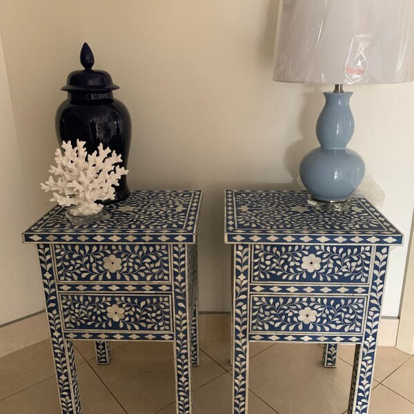 Bone Inlay Bedside Table, Handmade Blue Bone Inlay End Table,night ...