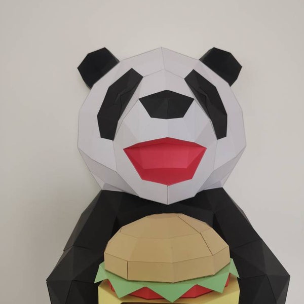 Panda With Burger 3d Paper Craft SVG and PDF, Low Poly 3d Paper Craft ...