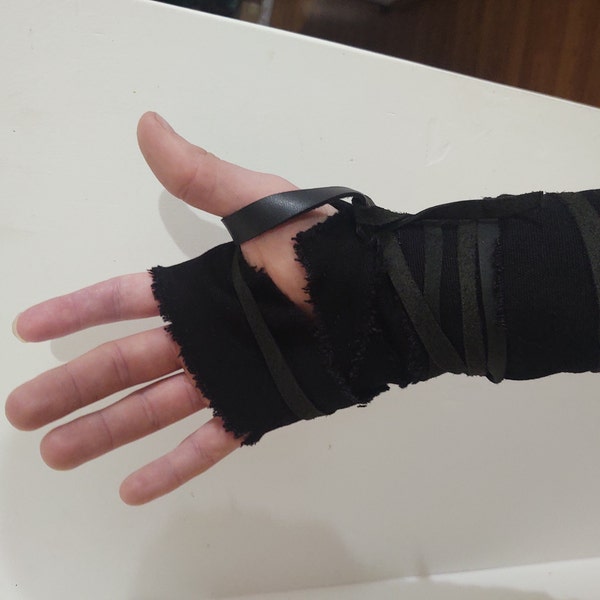 Distressed Black Cotton Hand Wraps, Primitive Leather Fist Wraps, Thumb ...