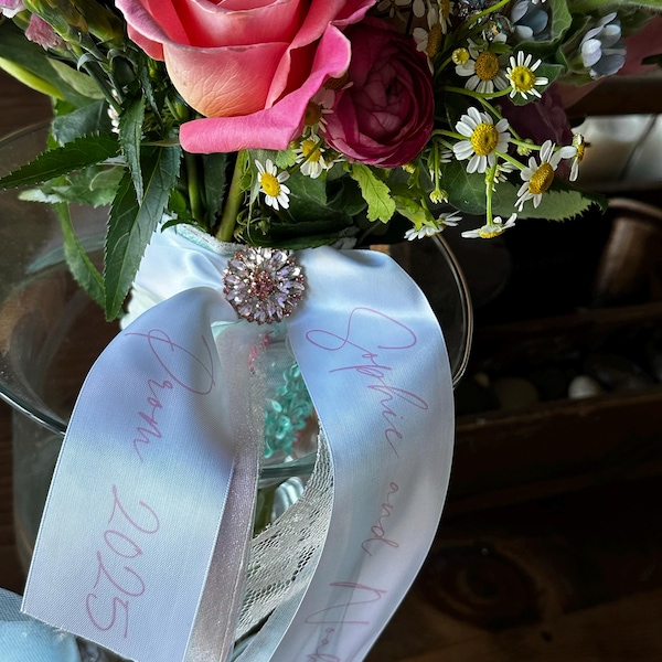 Personalized Wedding Bouquet Ribbon / Couple's Name and Date / Satin ...