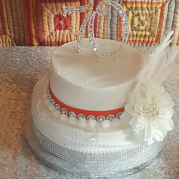 New Large 5 Crystal Rhinestone NUMBER SEVENTY 70 Cake Topper Silver ...