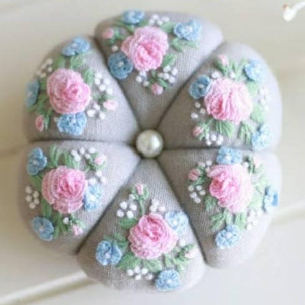 Floral Hand Embroidered Pin Cushion, Handmade Pin Accessory, Vintage ...
