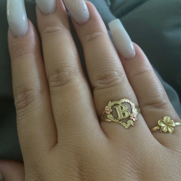 10K Gold Flower Heart Initial Ring, A-Z, Yellow White Rose Gold Letter ...