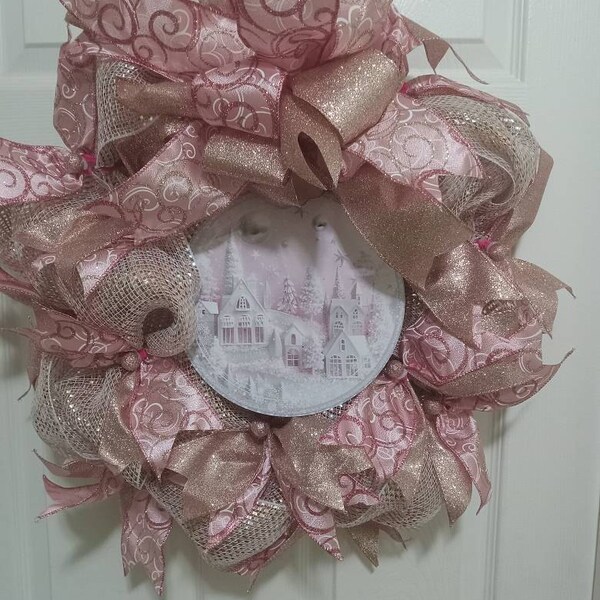 Wreath Sign, Merry Christmas Sign, Pink and Silver Snow Globe Winter ...