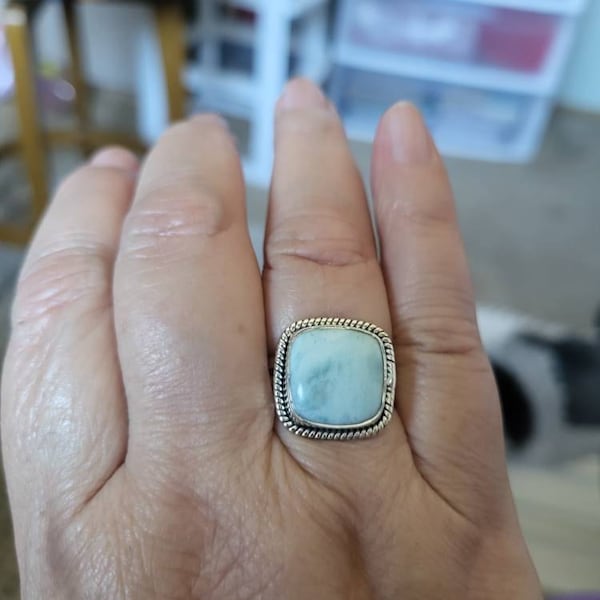 Dominican Republic Larimar Ring, 925 Sterling Silver Ring, Handmade Ring, Square Gemstone Ring ...