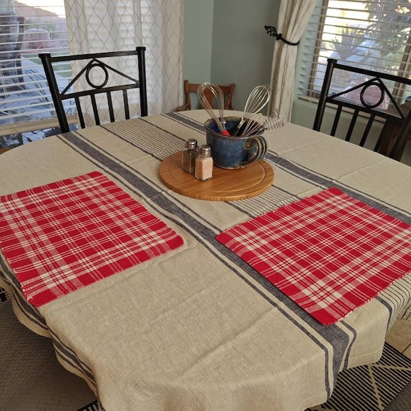 Rustic Natural Linen Tablecloth in Blue,black, Green and Red Stripes ...