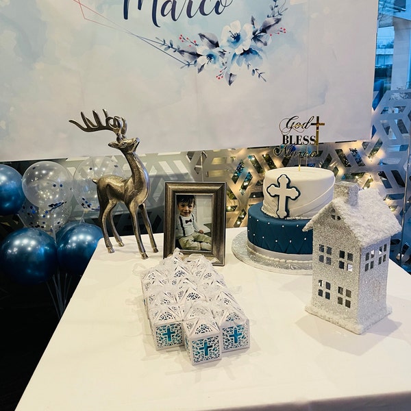 Baptism Christening Backdrop, Holy Baby Boy Theme, Blue Floral Frame ...