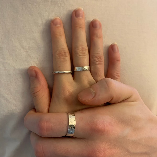 Sterling Silver Matching Hammered Ring Set | Silver Couples Wedding ...