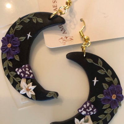 Floral Moon Earrings, Cottagecore Clay Earrings, Whimsigoth Earrings ...