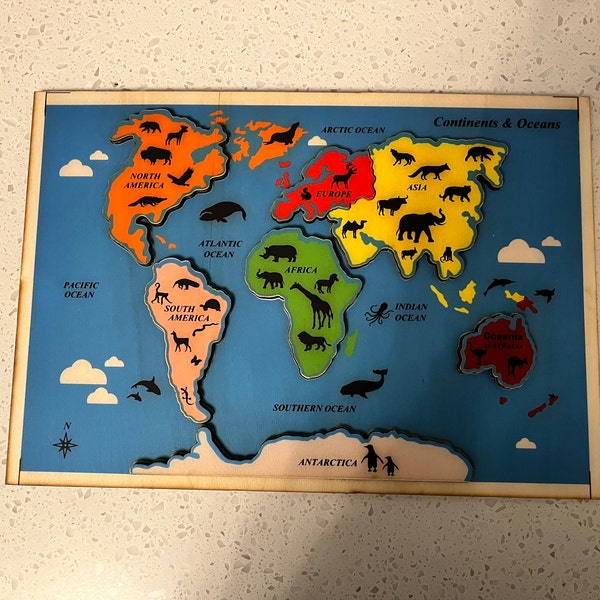 Wooden Continents & Oceans Puzzle: Montessori Educational Toy - Etsy